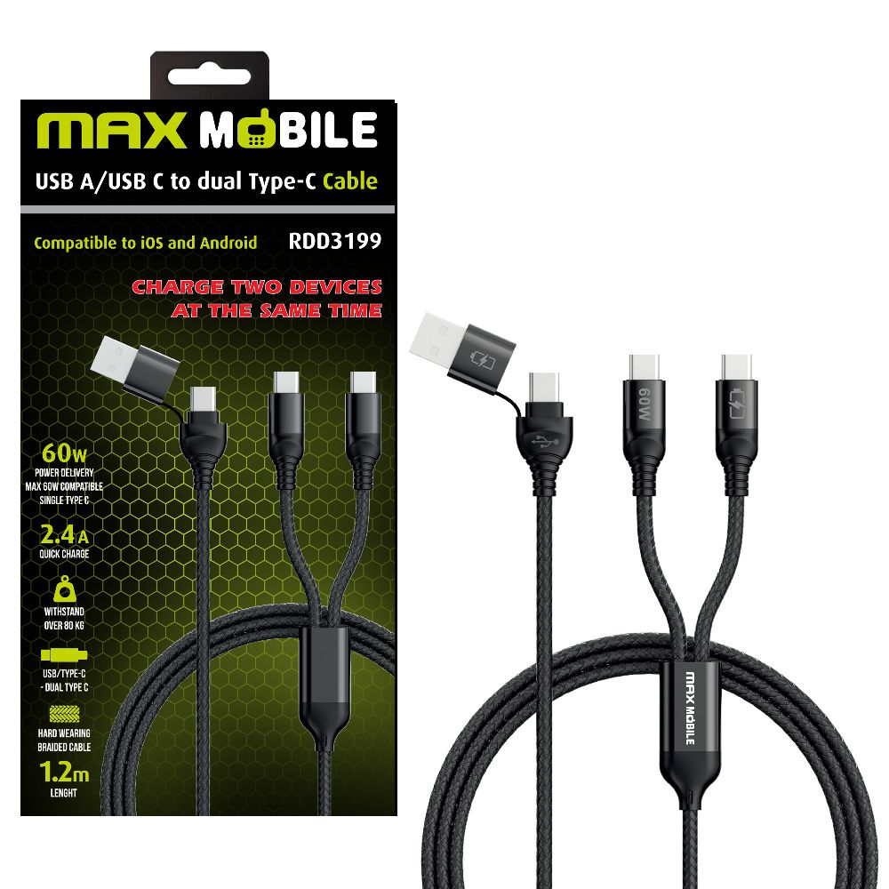 Kabel MAXMOBILE, USB A/C (M) na 2x USB-C, 60W, | Links