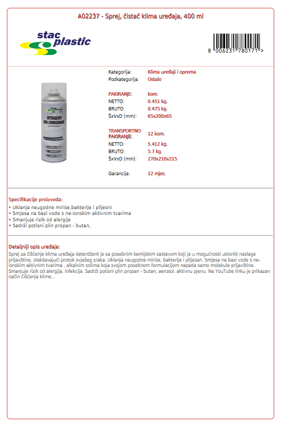 Sprej za čišćenje klima STAC PLASTIC A02237, 40 | Links